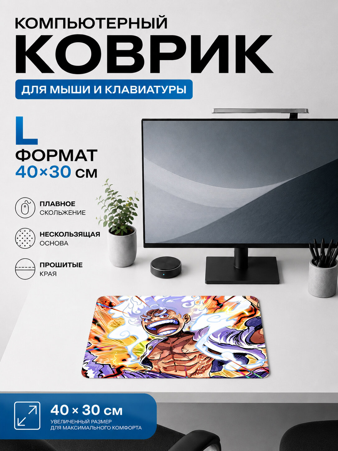 Игровой коврик для мыши 40×30 см Ван-Пис / One Piece — Monkey D. Luffy Gear 5
