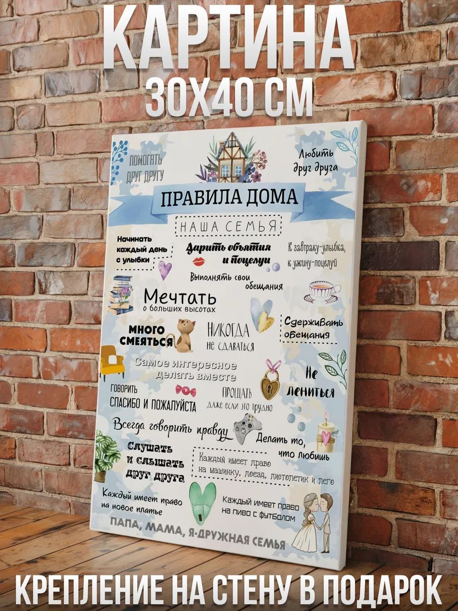 Большая картина на подрамнике - Постер 40х30см Правила дома