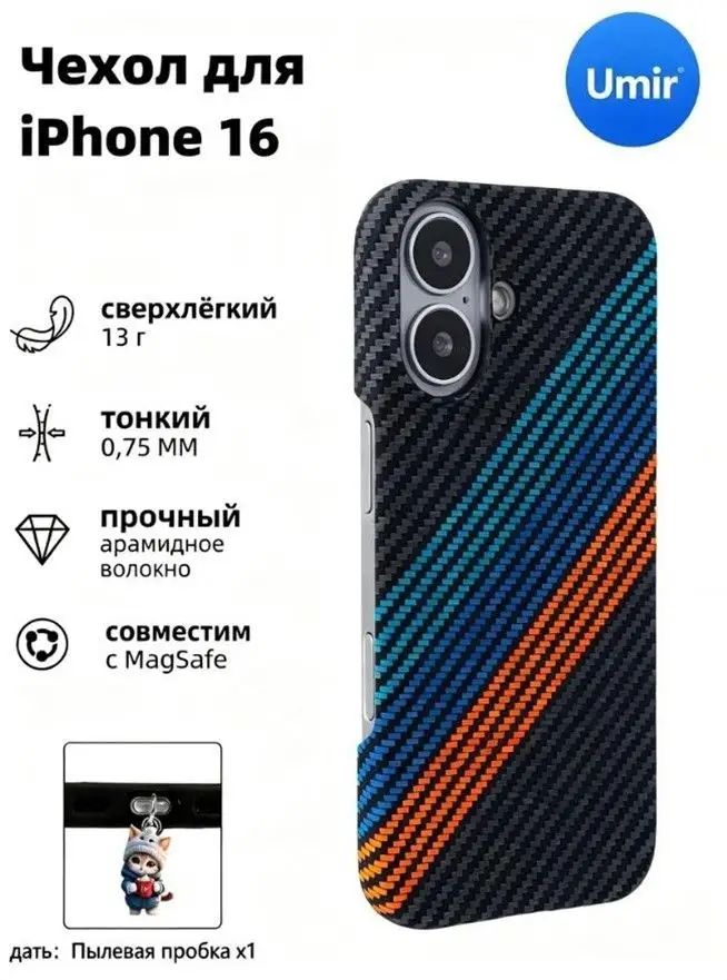 Для iPhone 16 Карбоновый чехол Rikey (кевлар/арамид) точный аналог Pitaka