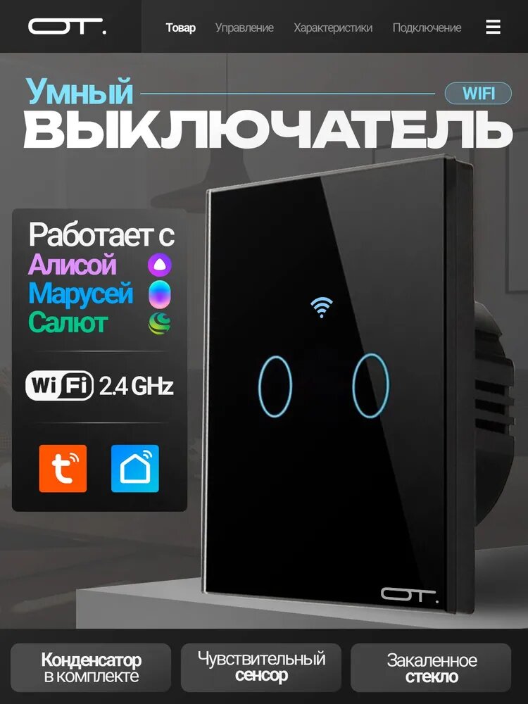 Умный выключатель с Алисой двухклавишный Wi-Fi 10A Орбита OT-HOS12