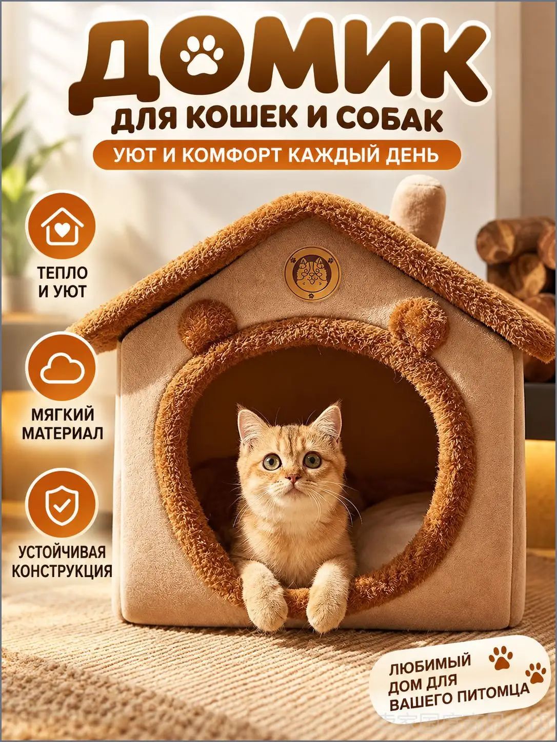 Уютный мягкий домик для кошек и небольших собак