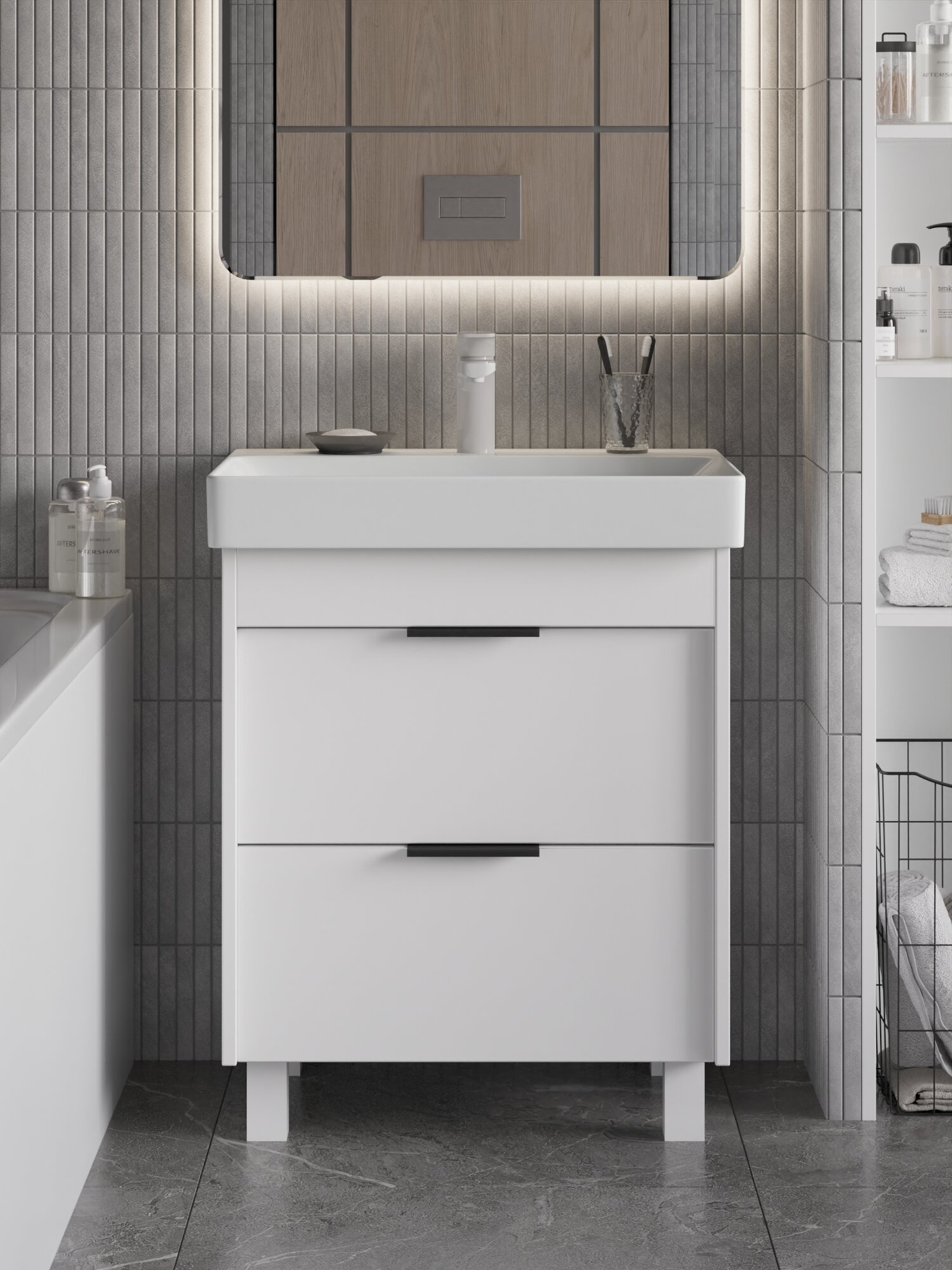 Тумба под раковину Kerama Marazzi шириной 57 см Луи напольная, для ванной комнаты, гладкая, ширина тумбы 51, см, цвет белый, черная ручка, 2 выдвижных ящика, доводчик