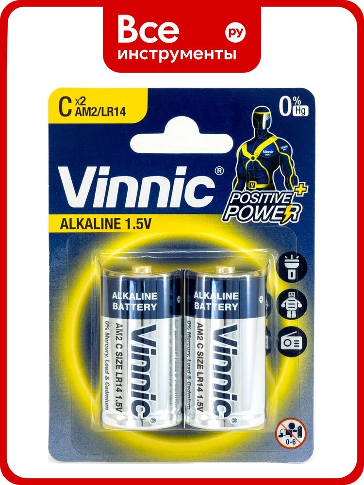 Батарейки VINNIC алкалиновые щелочные, LR14 (C), 1.5В, блистер/2 шт. 4898338006551
