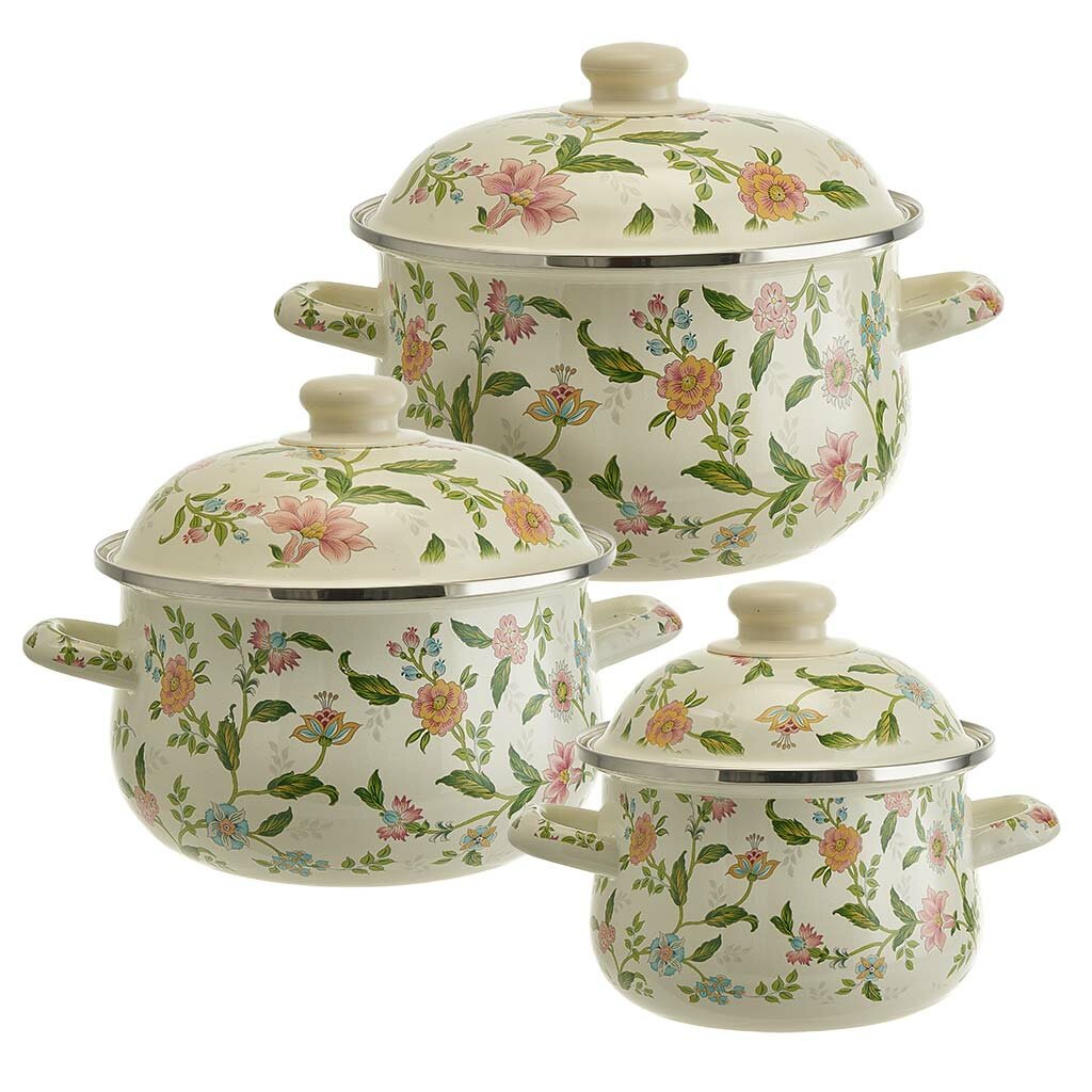 Набор кастрюль эмалированных 1,5 л, 2,8 л, 3,6 л, с эмалированными крышками, 6 предметов MetaLLoni EM-1641 "Прованс"