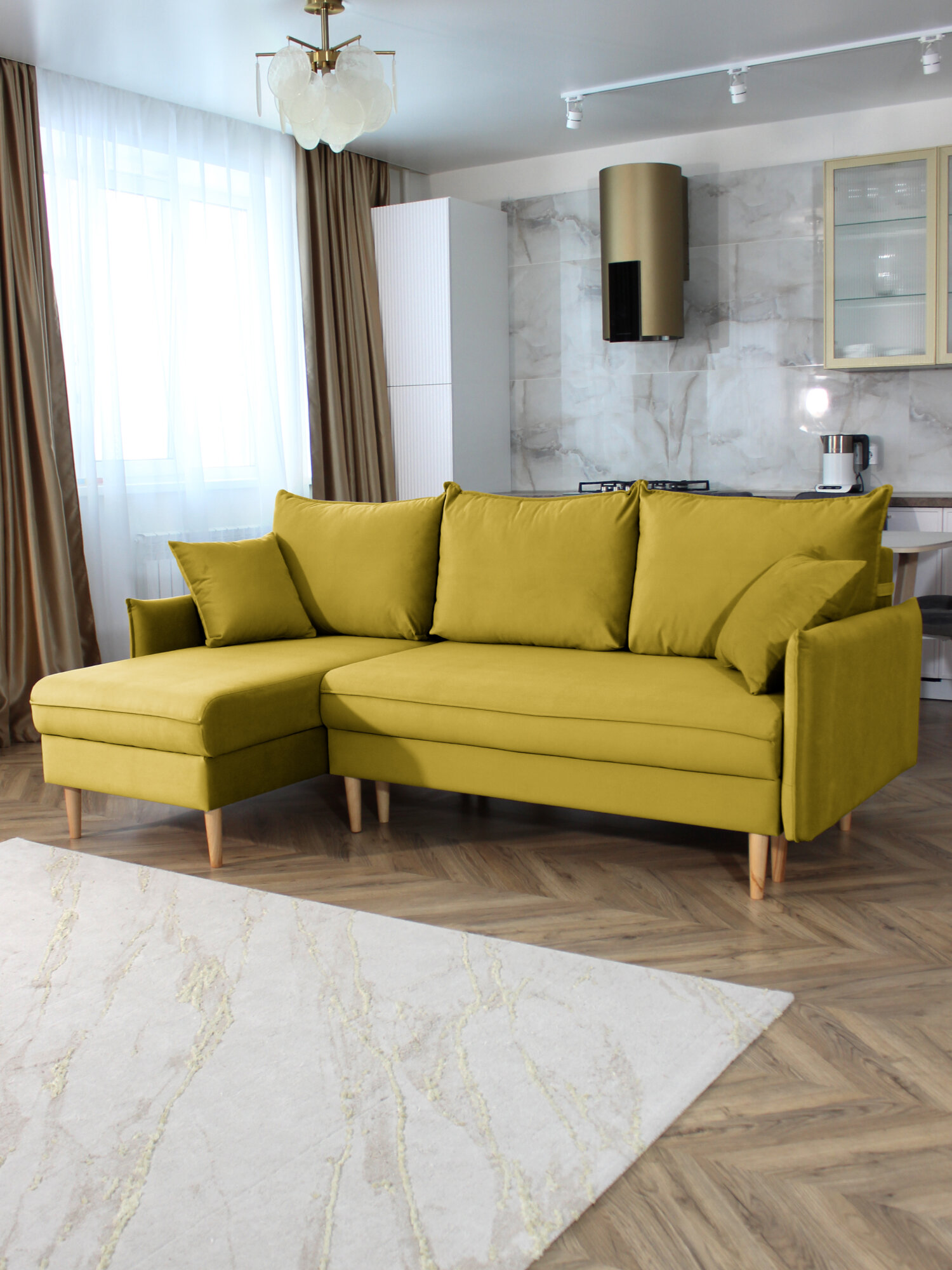 Диван-кровать угловой Фьорд с оттоманкой желтый, левый угол, механизм Тик-так, 216 х145х95 см