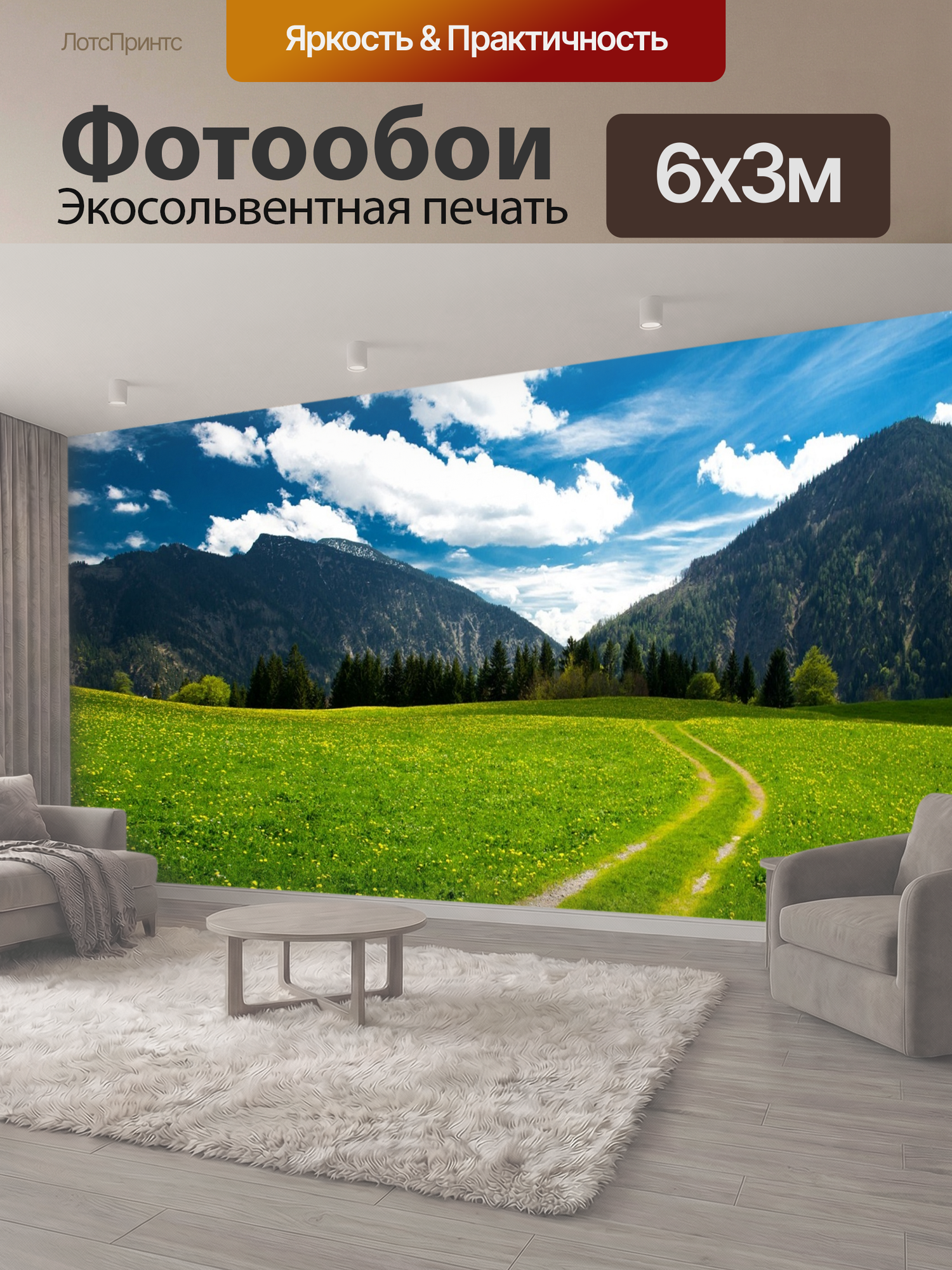 Фотообои "Дорога в горы Дорога через луг, ведущей в горы дорога дорожка луг пейзаж живописные сельской местности полевые цветы облака солнечный." 600x300 см. экосольвентная печать