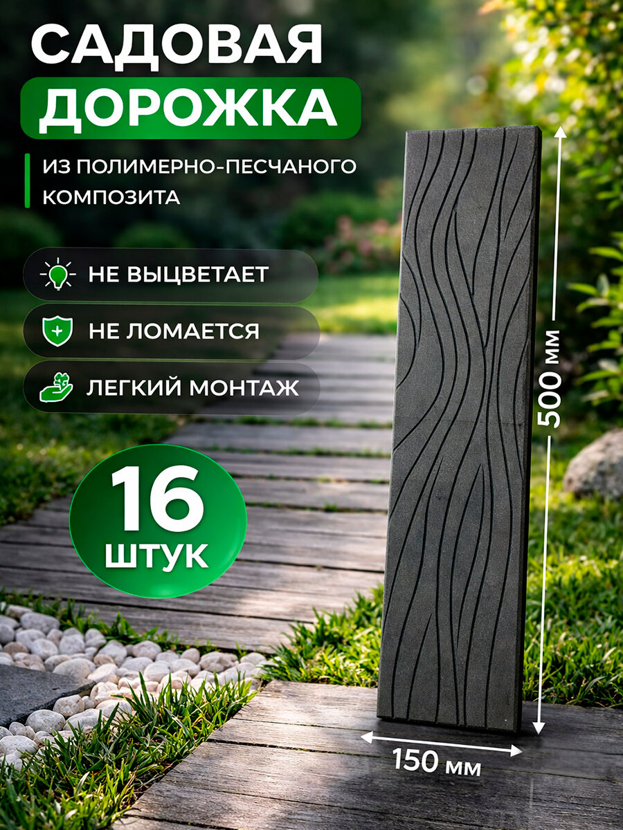 Дорожка садовая Лайт, полимерно-песчаная, 16 шт, графит, 50х15х1,3 см