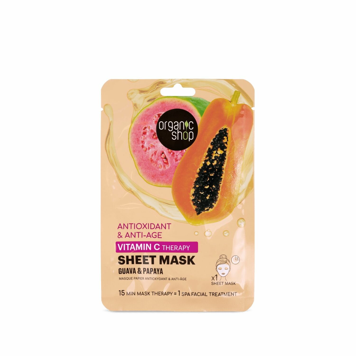 Organic Shop Тканевая маска с антиоксидантным и омолаживающим свойством Vitamin C Therapy Antioxidant & Anti-Age Sheet Mask, Guava & Papaya, 1 шт.