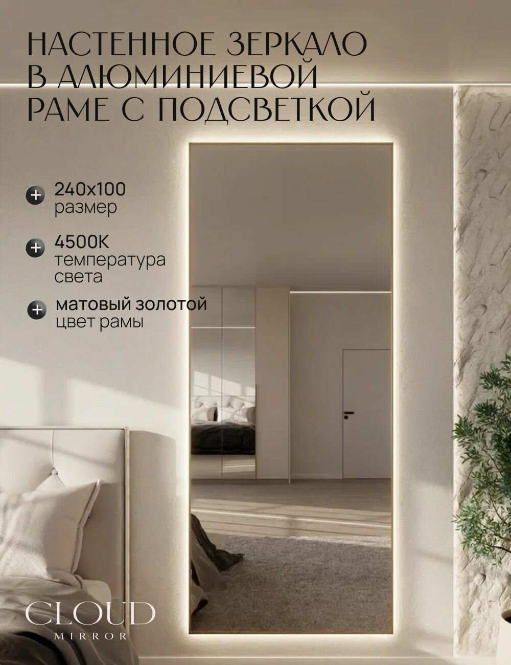 Зеркало 240х100 см. золото с подсветкой. Свет: Нейтральный белый 4500К. В алюминиевой раме интерьерное настенное настенное CLOUD MIRROR