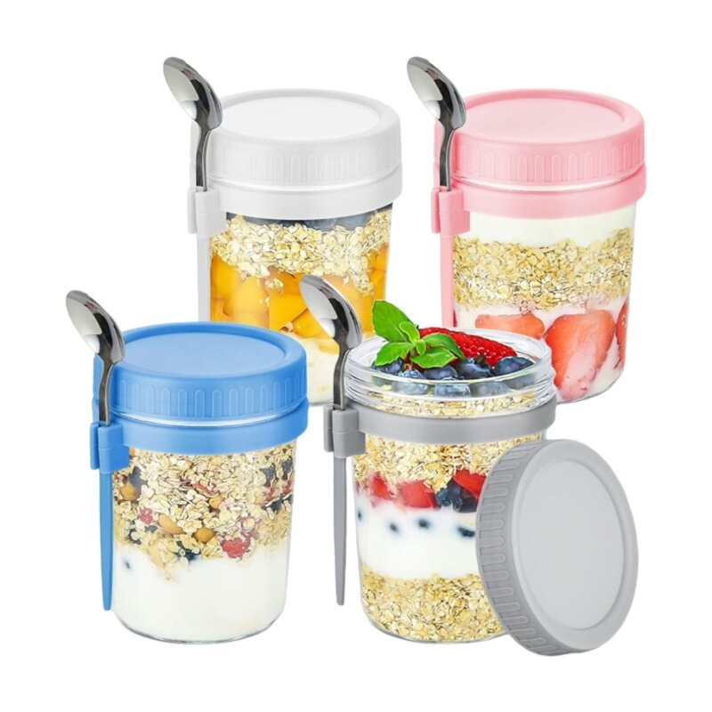 4шт Герметичная Стеклянная Банка С Крышкой И Контейнером Для Ложек Идеально Подходит Для Приготовления Овсяных Хлопьев Йогурта Салата И Полезных Блюд На ночь 16 унций
