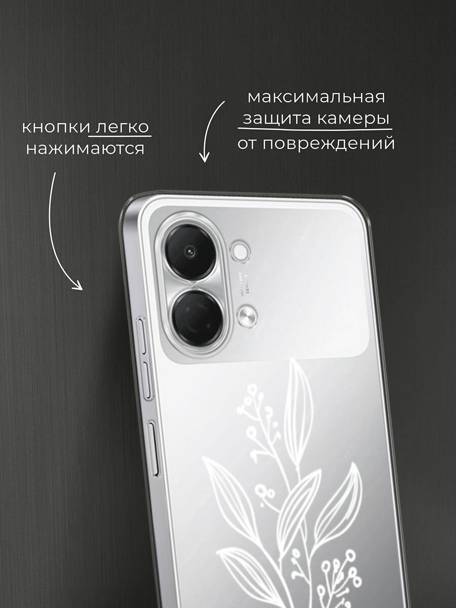 Чехол на Tecno Spark Go 3 / Текно Спарк Го 3 с принтом Ветка с листочками и цветами, прозрачный — фото 1