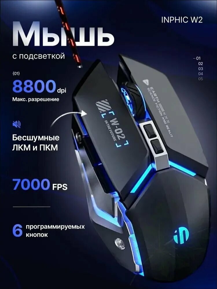 Игровая мышь проводная Проводная игровая компьютерная мышь inphic PW2, черный