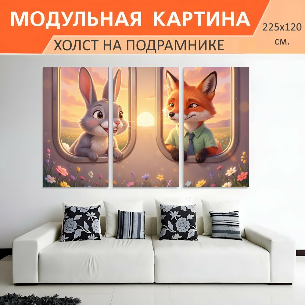 Модульная картина на холсте "Лиса и кролик у окна. Мультяшные звери в окнах на фоне закатного неба и цветущего луга, тёплые." триптих на подрамнике 225х120 см. для интерьера