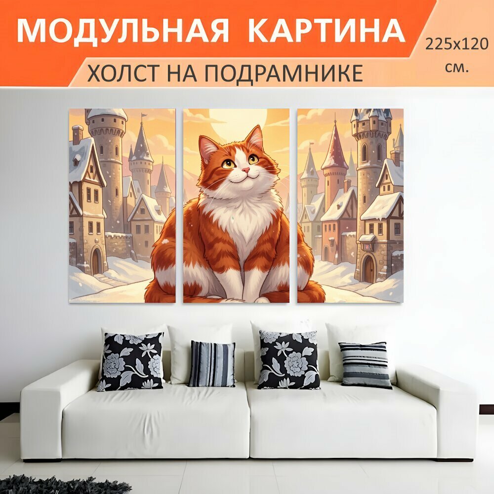 Модульная картина на холсте "Рыжий кот среди зимнего города. Милый пушистый питомец сидит на заснеженной площади старинного городка." триптих на подрамнике 225х120 см. для интерьера
