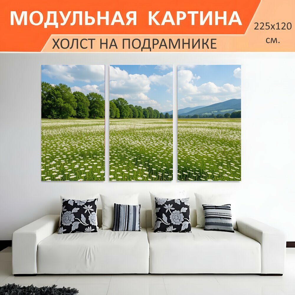Модульная картина на холсте "Ромашковое поле под облачным небом. Зелёный луг, усеянный белыми цветами, просторные холмы и линия леса." триптих на подрамнике 225х120 см. для интерьера