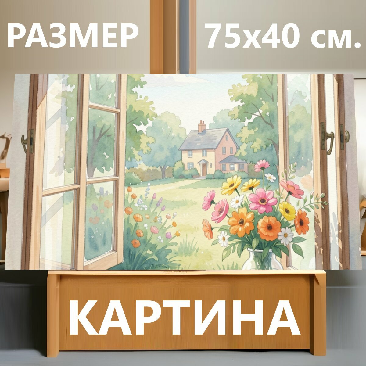 Картина на холсте "Окно в цветущий сад. Светлая акварельная сцена с распахнутыми деревянными створками, видом на уютный дом и зелёный двор." на подрамнике 75х40 см. для интерьера