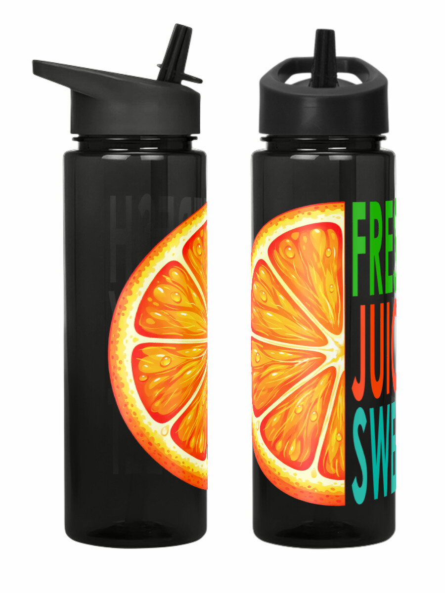 Бутылка черная для воды с принтом Апельсин с надписью fresh, juicy, sweet