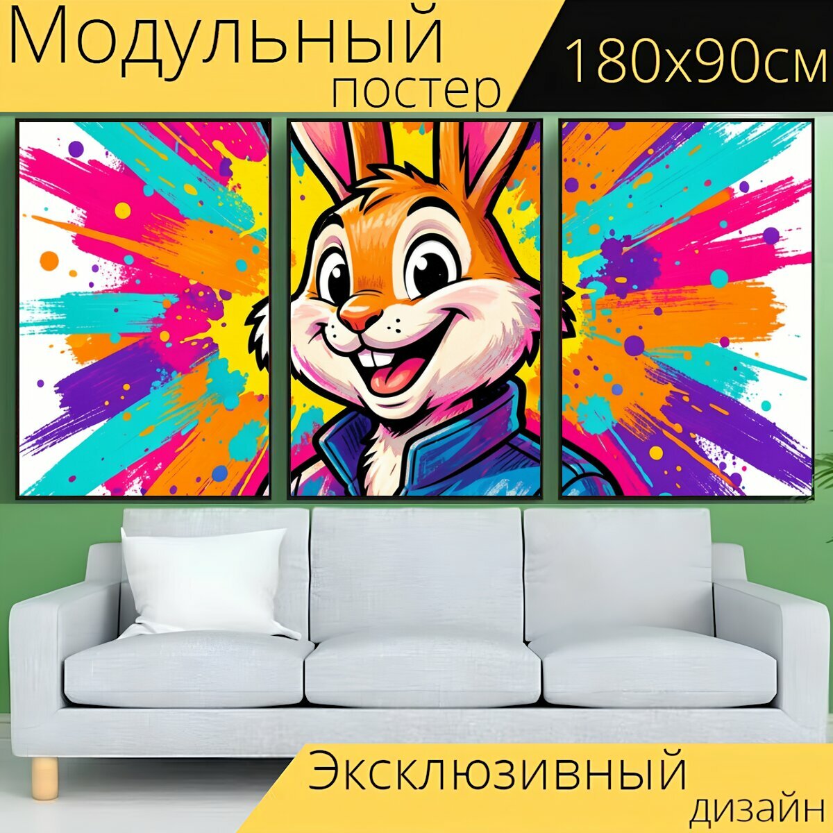 Модульный постер "Веселый заяц в ярком стиле. Улыбающийся мультяшный кролик в синей куртке на фоне взрывных мазков неона. Яркая." 180 x 90 см. для интерьера на стену в тубусе