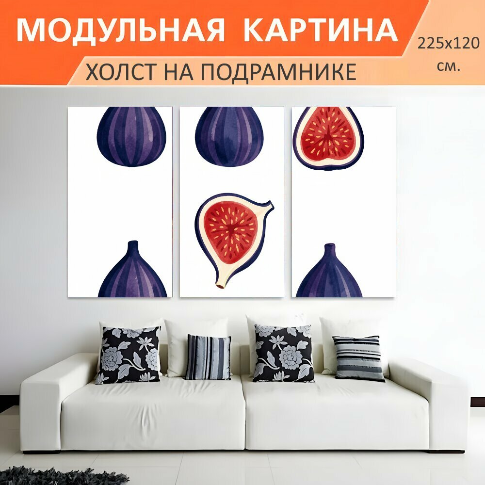Модульная картина на холсте "Инжир на белом фоне. Минималистичная ботаническая композиция с фиолетовыми плодами инжира и разрезанными." триптих на подрамнике 225х120 см. для интерьера
