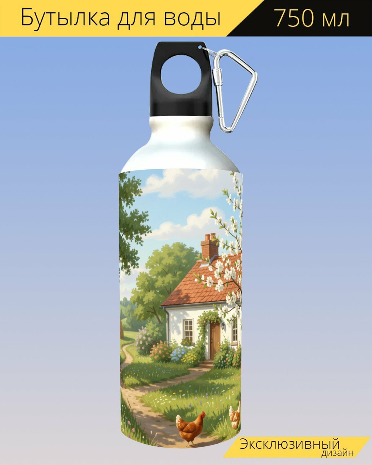 Бутылка фляга для воды "Уютный деревенский дом весной. Светлая пасторальная сцена с белым коттеджем, цветущими деревьями, зелёным садом и курами на." 750 мл. с карабином и принтом