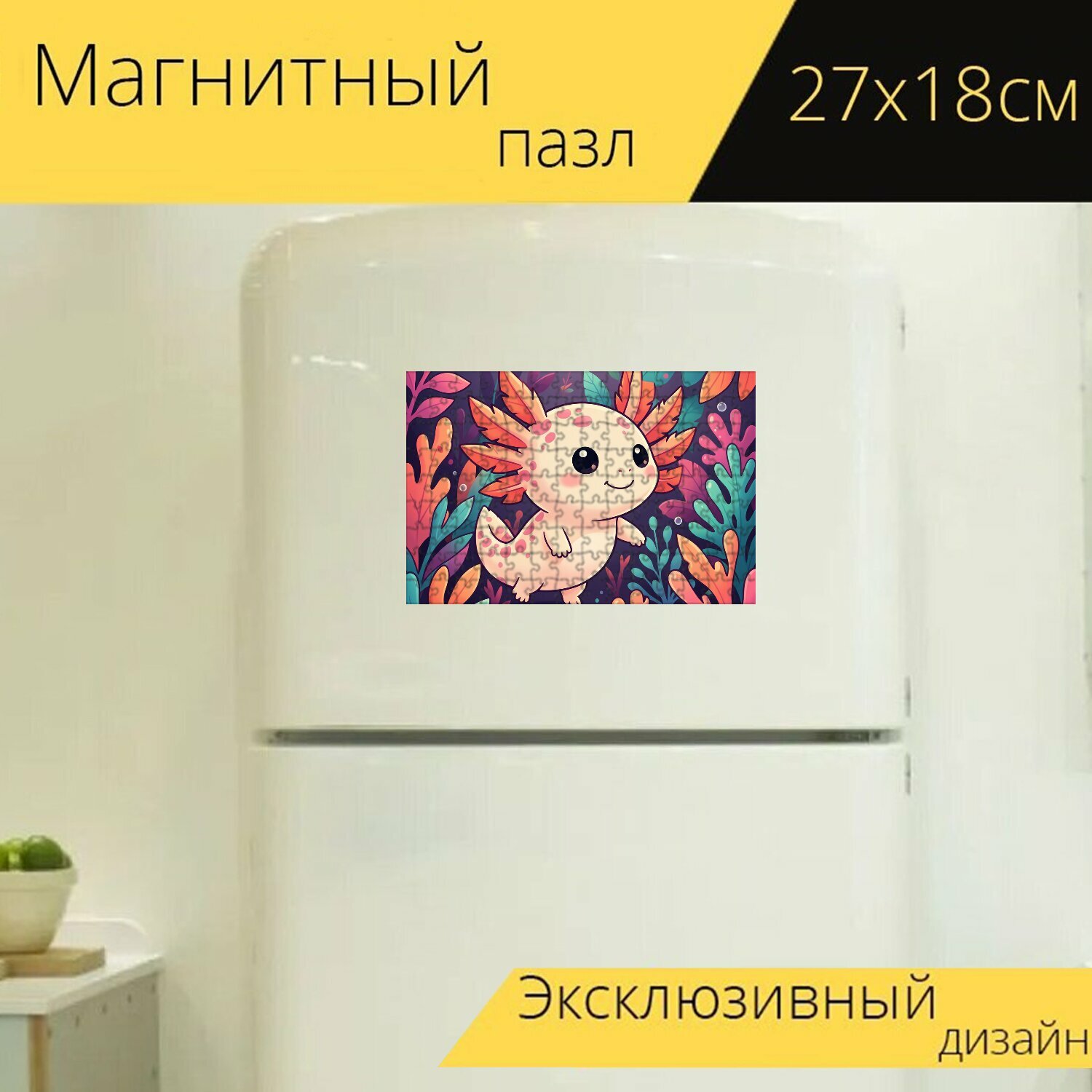Магнитный пазл "Улыбчивый аксолотль среди листьев. Милый фантазийный аксолотль с розовыми пятнами в окружении яркой тропической растительности. Яркий." на холодильник 27 x 18 см.