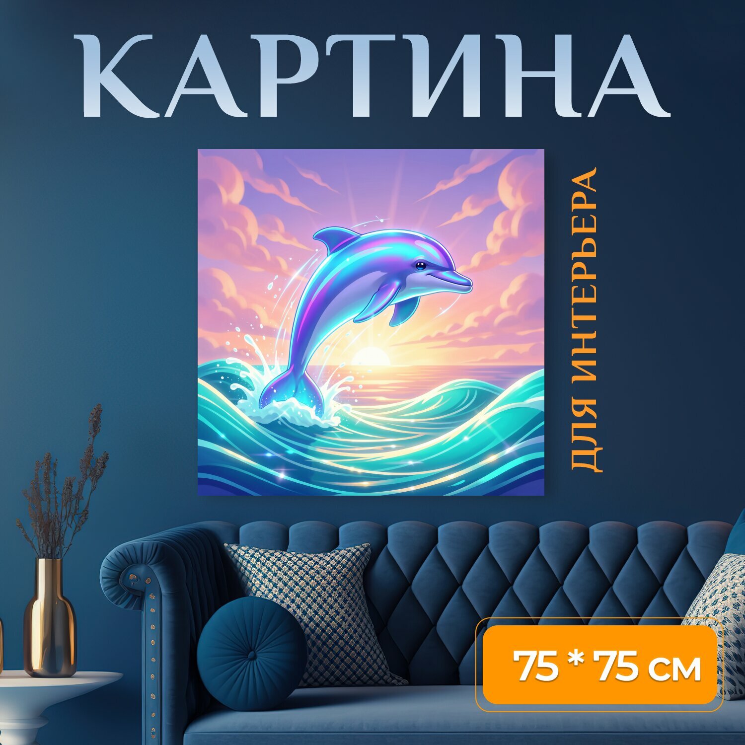 Картина на холсте "Дельфин на закате в море. Яркая цифровая иллюстрация с прыгающим морским дельфином, неоновыми переливами и брызгами воды." на подрамнике 75х75 см. для интерьера