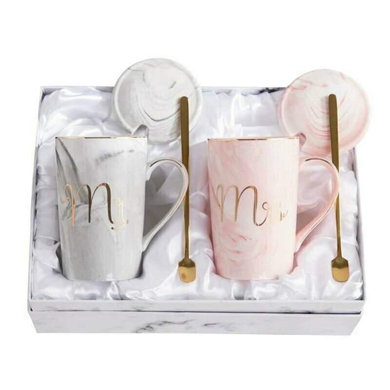 Парные кружки "Mr Mrs" MyPads, для двоих, с крышкой и ложкой, мрамор,
