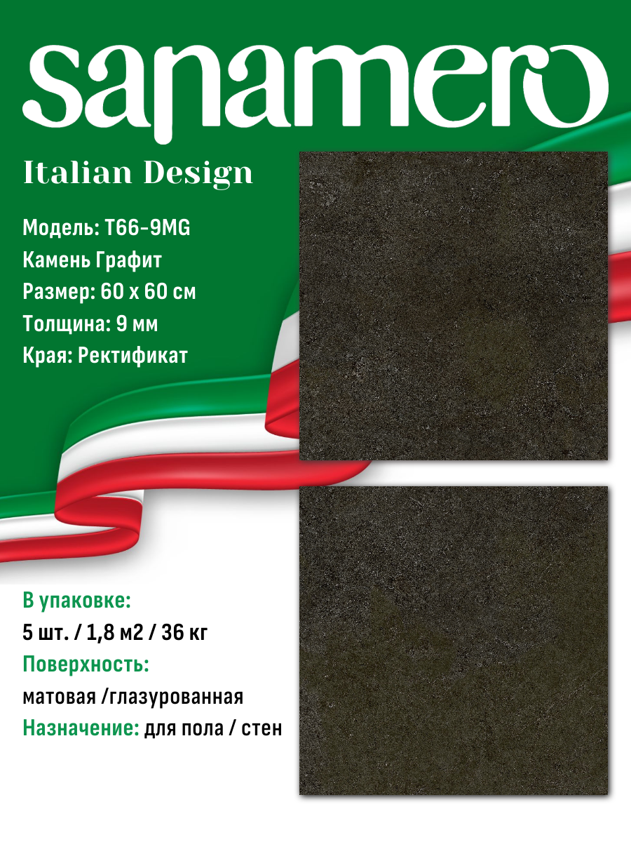 Керамогранит Sanamero Italian Design T66-9MG Камень Графит, матовый/глазурованный (60 х 60 х 0,9 см) 1,8 м2, 5 шт/уп