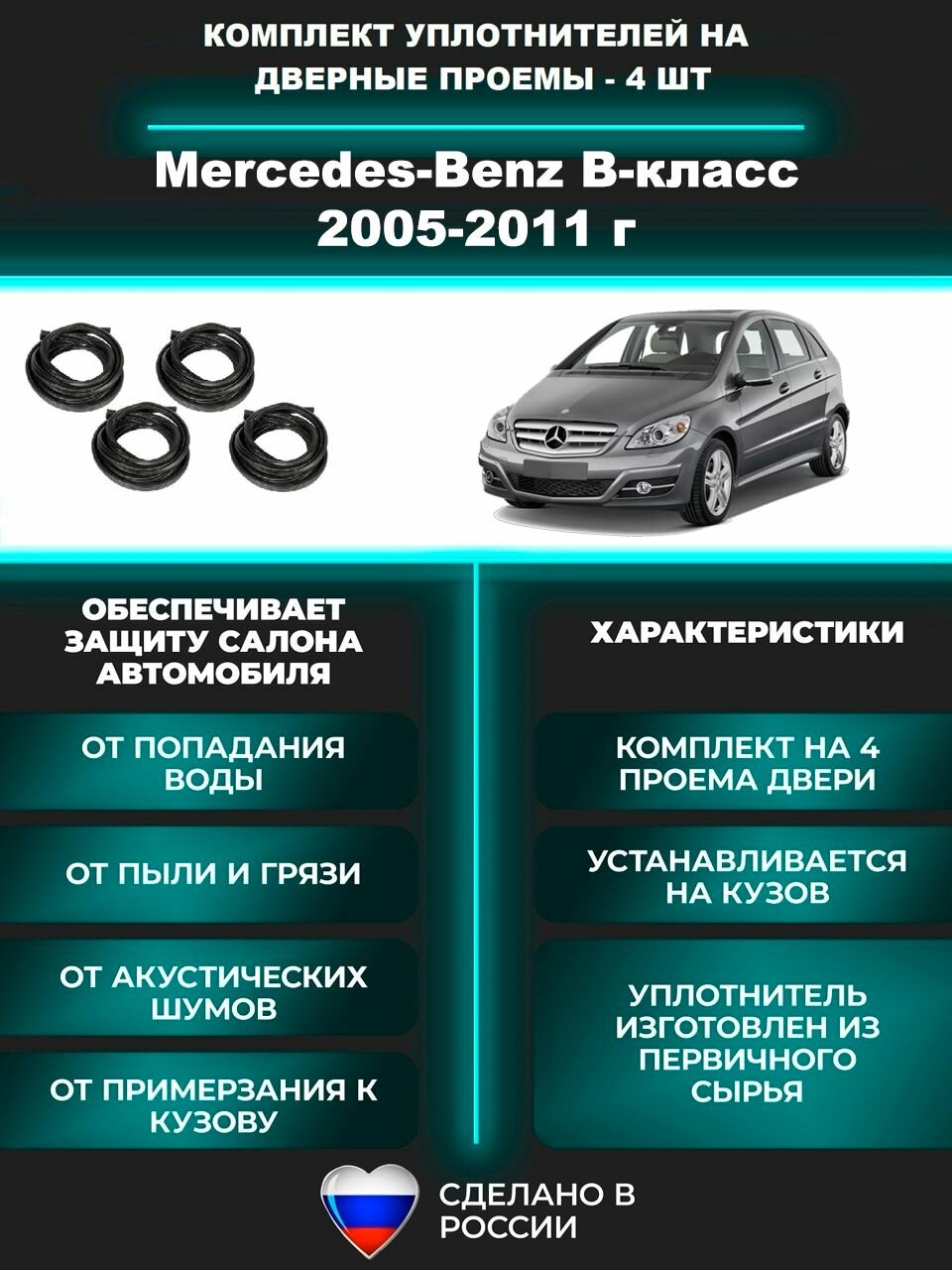 Комплект уплотнителей на проем дверей для Mercedes-Benz B-класс 2005-2011 г, Мерседес-Бенц Б-класс, 4 шт