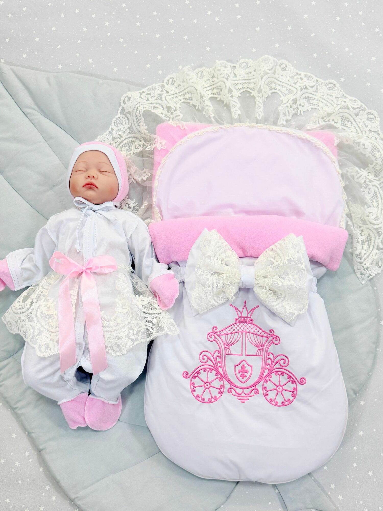 Комплект на выписку ALMeretskaya, розовый, 100 % хлопок, флис, демисезон, с кружевами