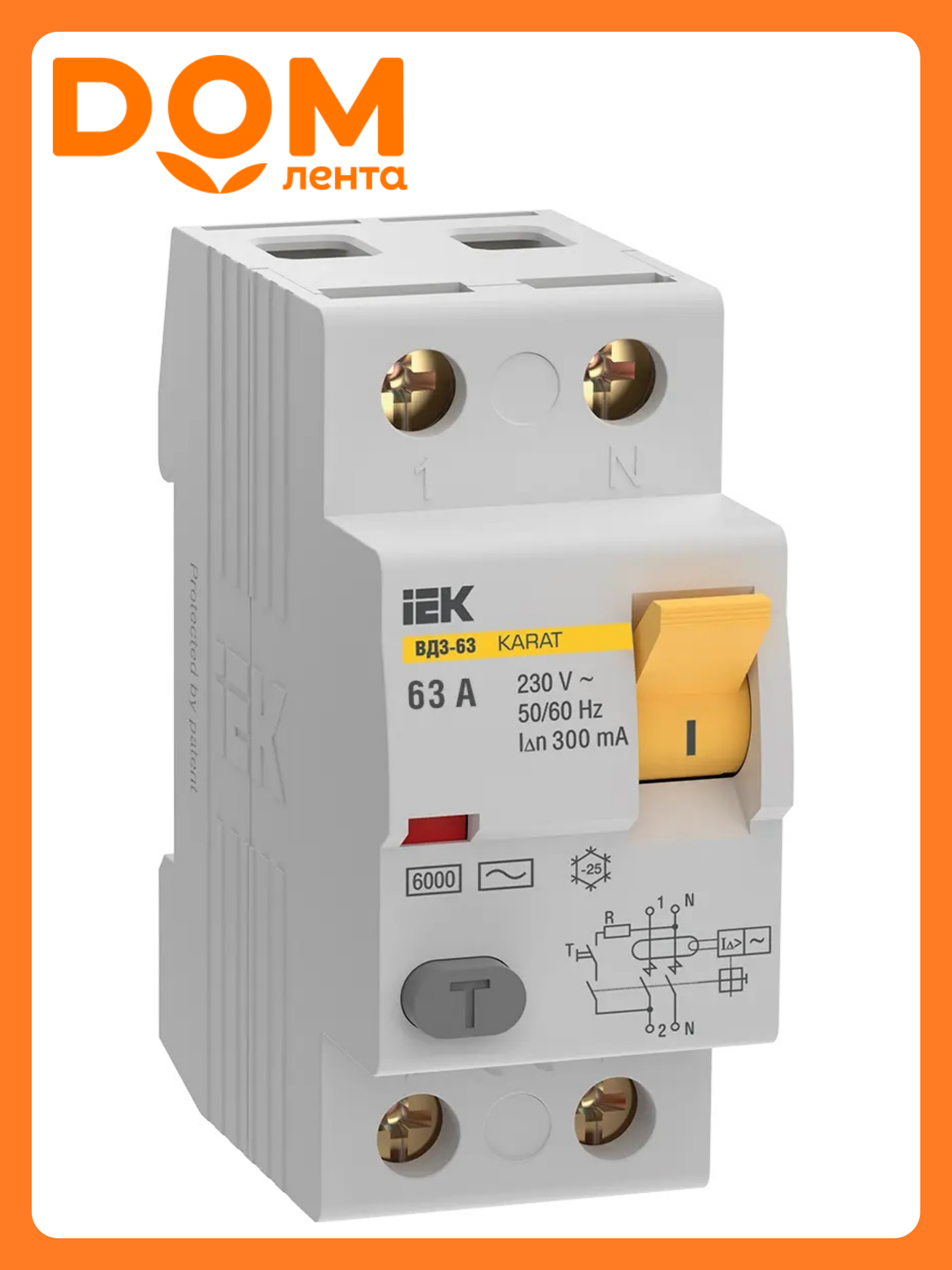 Выключатель IEK УЗО KARAT ВД3-63, 2P, 63A, 300mA, 6kA, тип AC