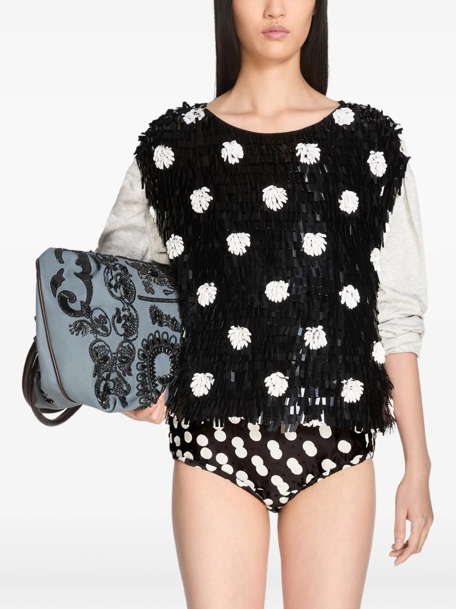 Топ Dries Van Noten Embroidered polka-dot silk top, размер 40, черный — фото 1