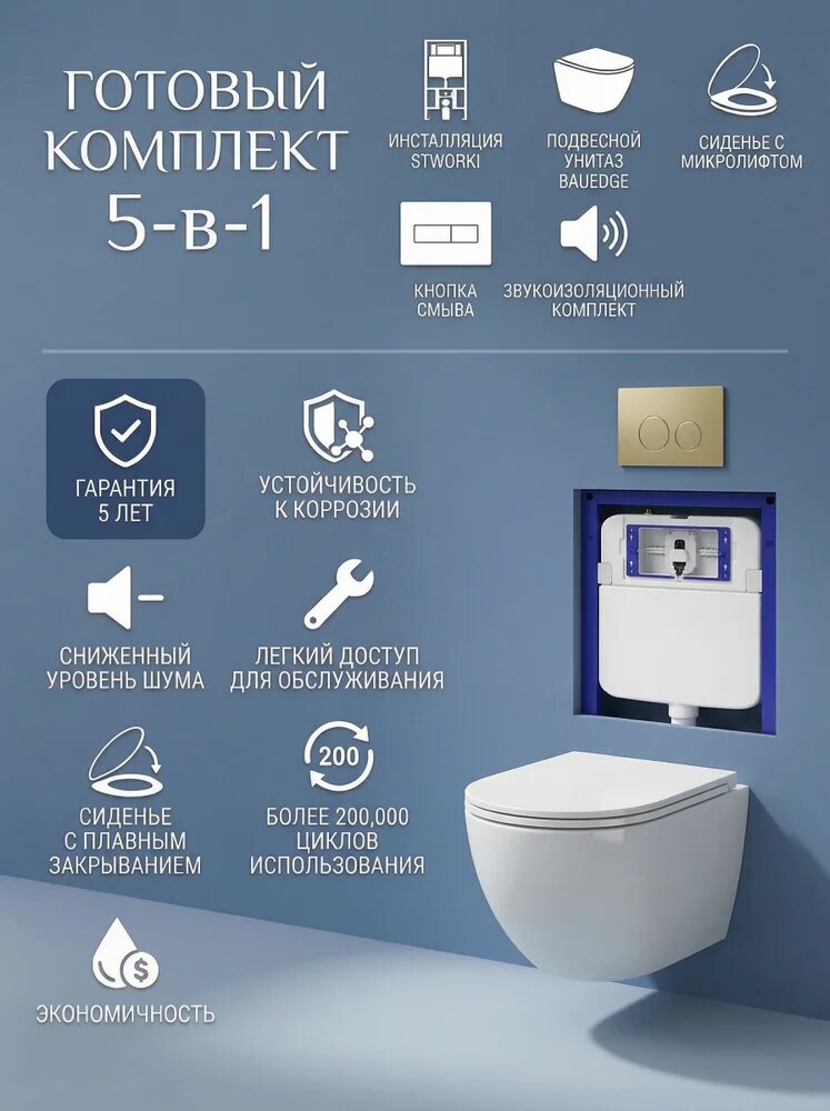 Комплект 5 в 1: Инсталляция STWORKI Хельсинки S33500GM / Унитаз подвесной Bauedge Bau Dream Hurricane-2 / Сиденье с микролифтом, Комплект шумоизоляции, Кнопка матовое золото