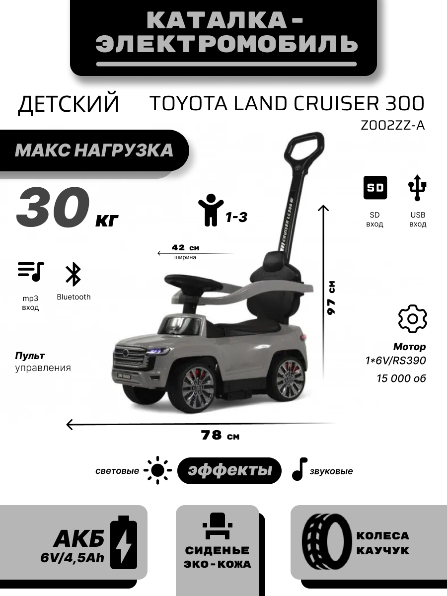 Детский толокар с мотором и пультом д. у. Toyota Land Cruiser 300 Z002ZZ-A серый