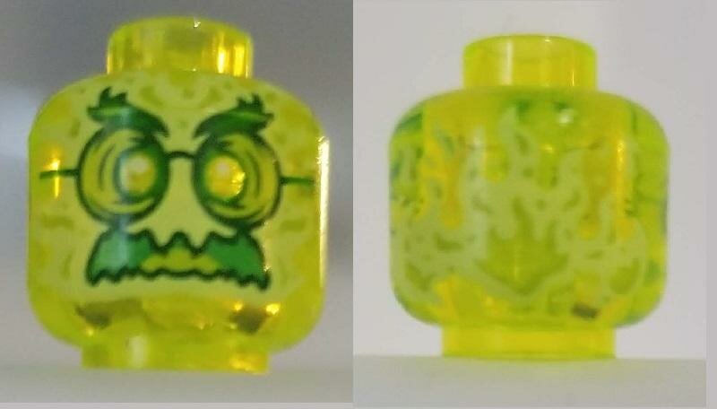 Деталь Lego 3626pb2493 Minifigure, Head Alien Ghost with Yellowish Green Face, Bushy Eyebrows, Glasses, Angry and Flames in Back Pattern
