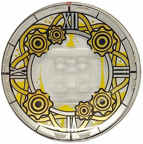 Деталь Lego 44375bpb21 Dish 6 x 6 Inverted (Radar) - Solid Studs with Clock Face with Silver Roman Numerals, Gold Curved Lines and Gears Pattern