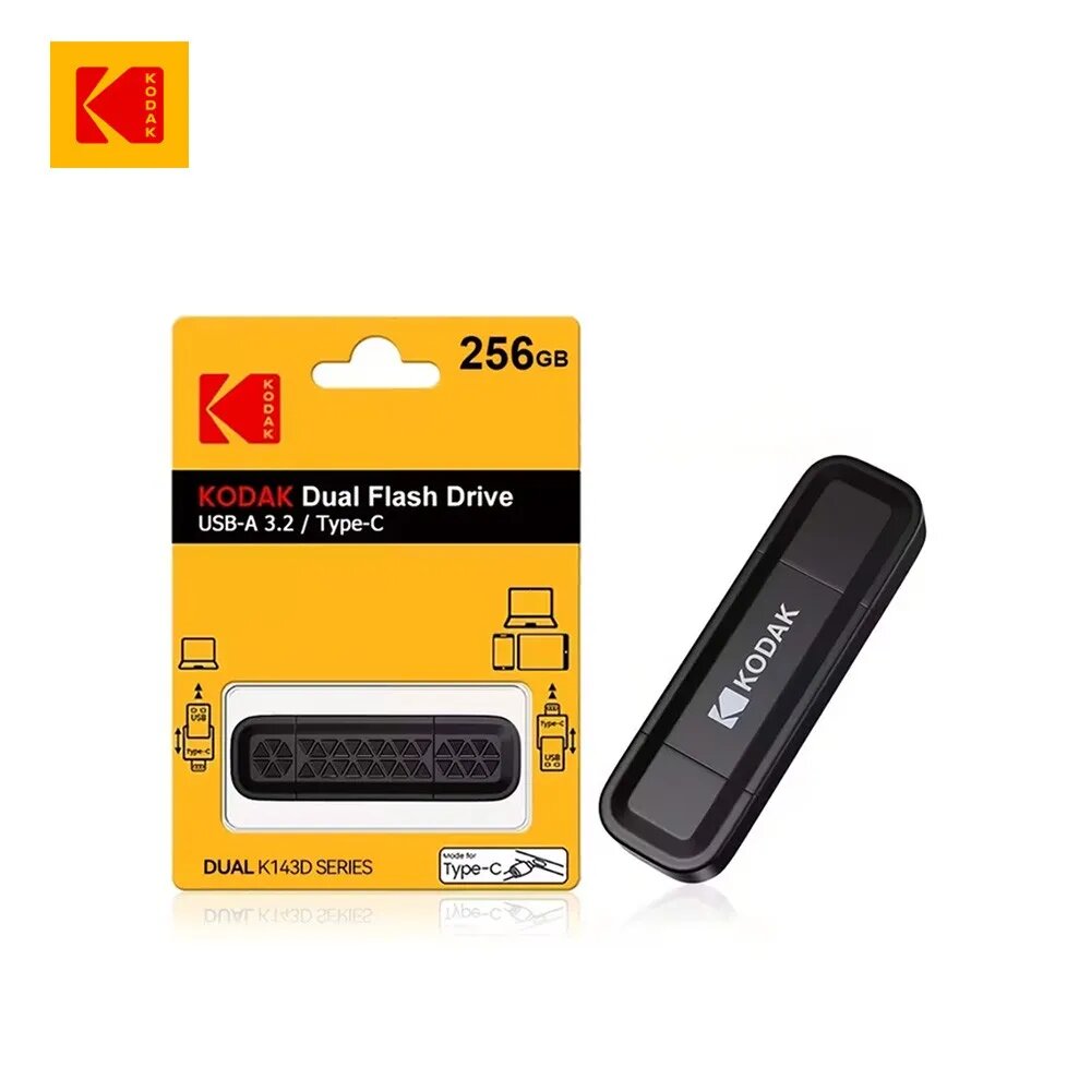 Флеш-накопитель Kodak K143D 256GB USB 3.2 Gen1 Type-C OTG/USB-A, R/W 70/20 МБ/с в ПВХ корпусе