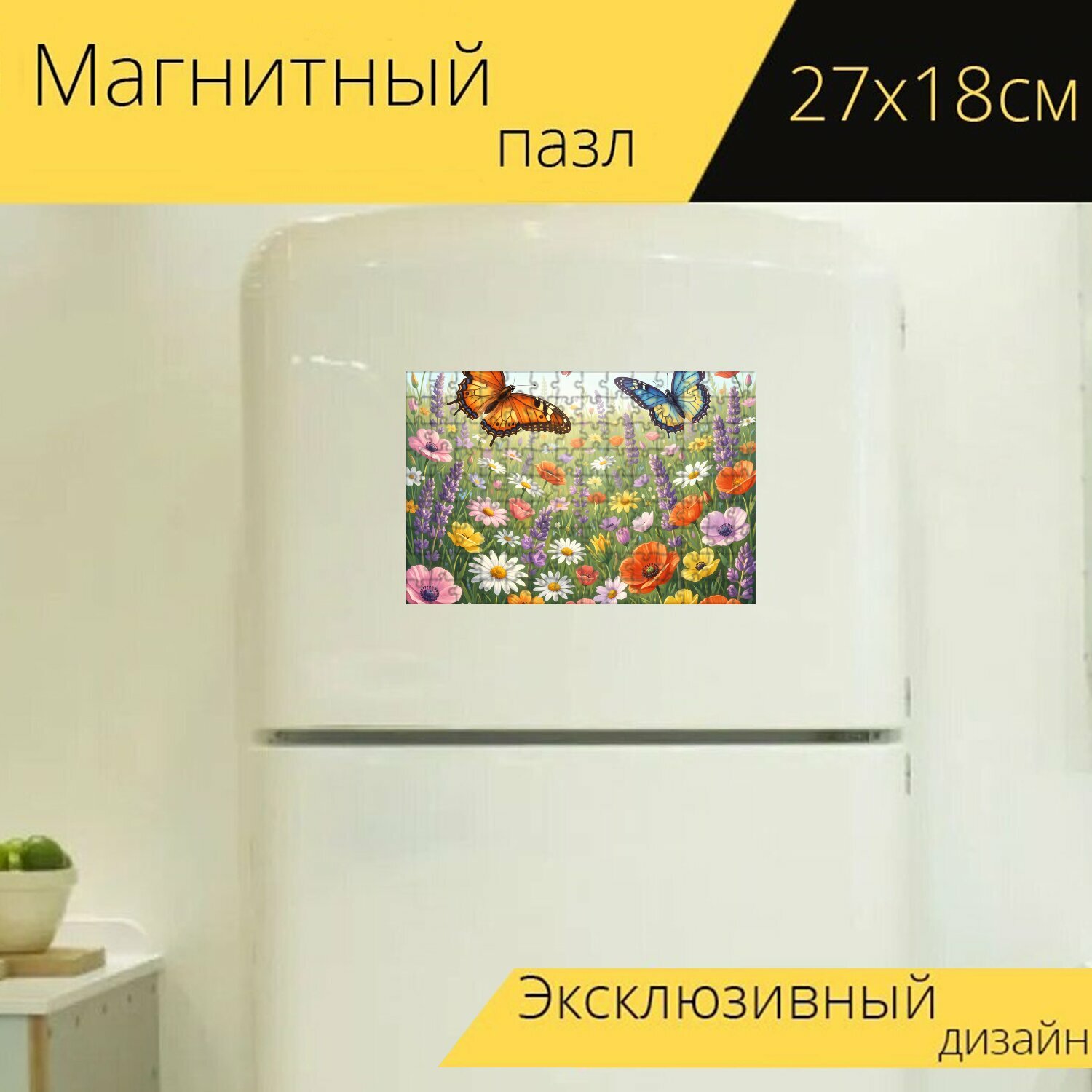 Магнитный пазл "Бабочки над цветущим лугом. Яркая летняя композиция с крупными крылатыми насекомыми среди полевых цветов, маков, ромашек и лаванды." на холодильник 27 x 18 см.
