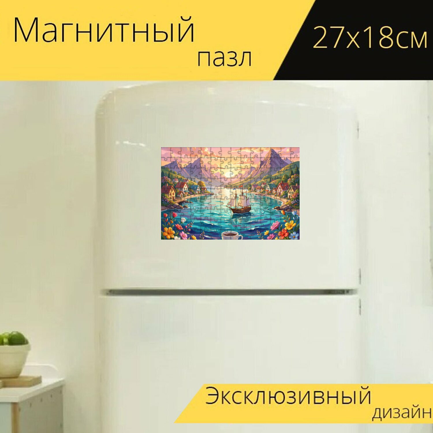 Магнитный пазл "Парусник у горной бухты на закате. Живописная фантазийная сцена с парусным судном на бирюзовой воде, уютными домиками у берега, цветущими." на холодильник 27 x 18 см.