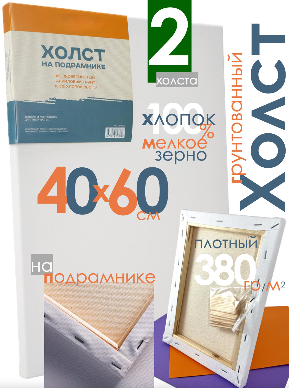 Холст на подрамнике 40х60 см, Комплект 2 шт, хлопок Пинакс, мелкозернистый, 380 гр/м2