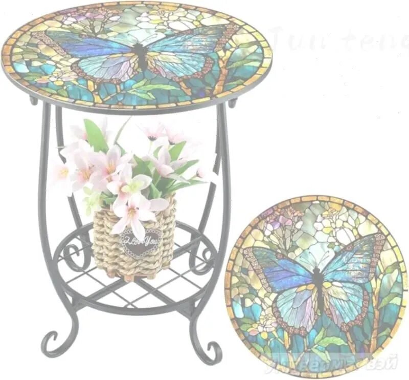 Садовый стол круглый металлический столик с мозаичной столешницей и рисунком бабочки для сада