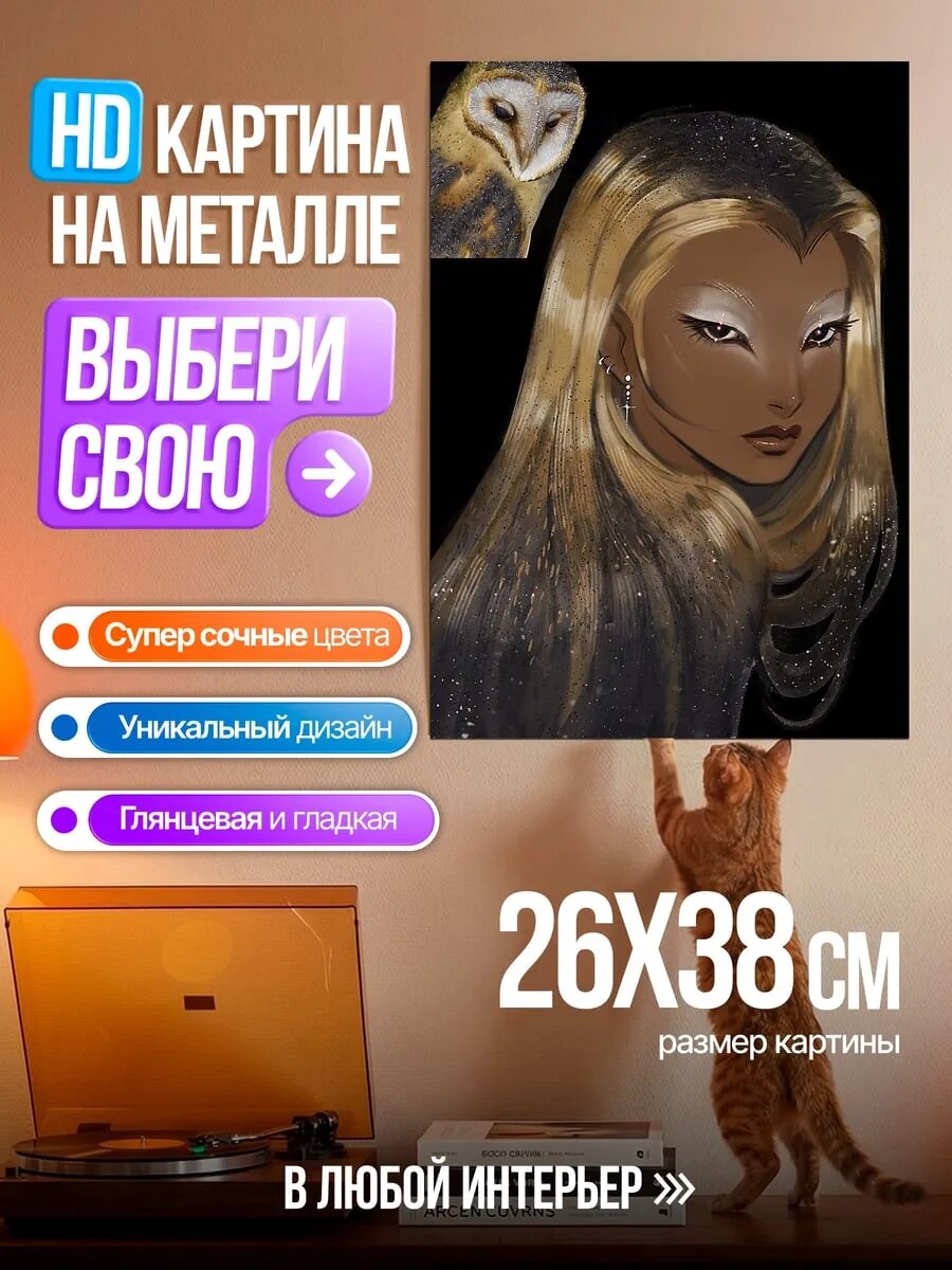Картина на HD металле Девушка сова