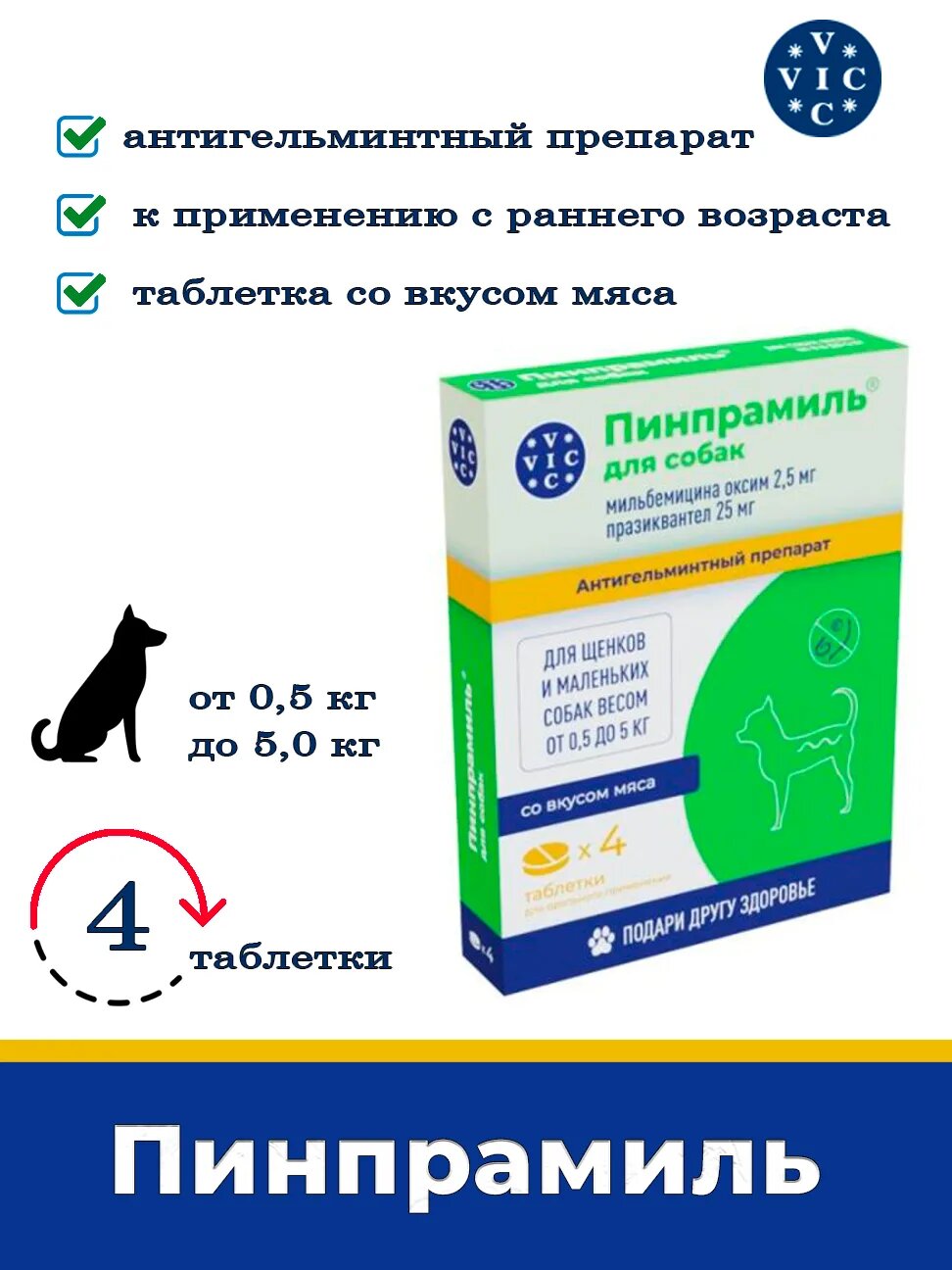 Пинпрамиль, таблетки от гельминтов для щенков и маленьких собак, 4 таблетки, 2,5мг/25мг, вес до 5кг