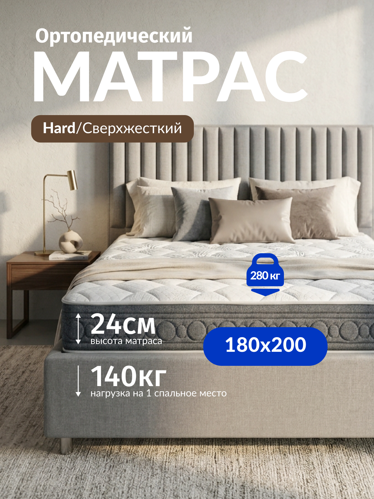 Ортопедический матрас 180x200 см Strong Original Hard, независимый пружинный блок, двуспальный, двусторонний, жесткий