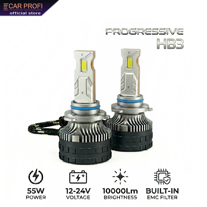 Светодиодные лампы CarProfi PROGRESSIVE HB3 (9005) SANAN 3570, 55W, 12-24V, 5100K, FAN, 10000Lm (к-кт 2шт)