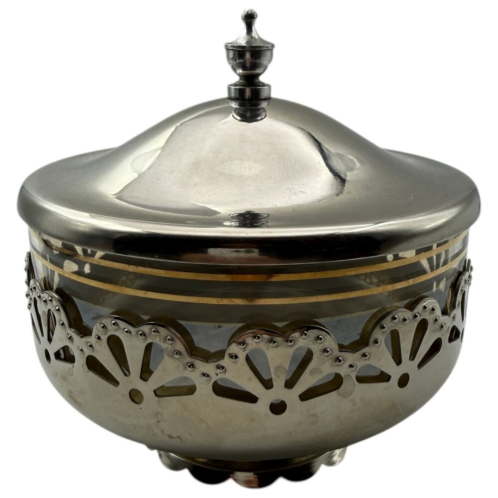 Конфетница "Цветок" с крышкой, 13 см, стекло, металл, 1970-1980 гг, СССР