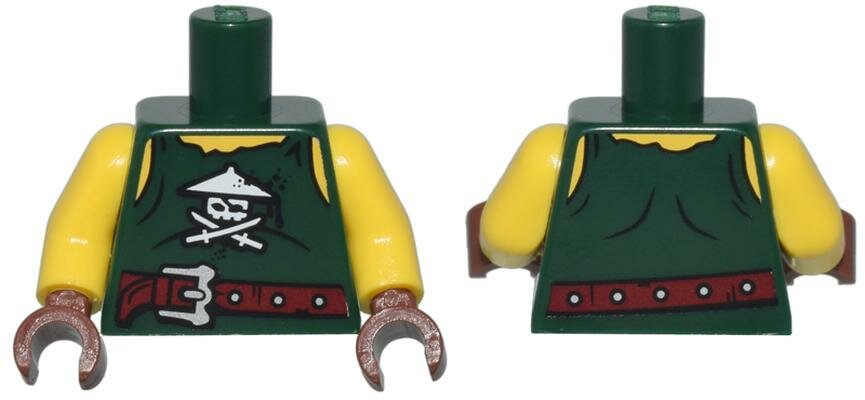 Деталь Lego 973pb2549c01 Torso Ninjago Tattered Shirt with Ninja Skull with Crossed Swords and Red Belt with Silver Buckle Pattern / Yellow Arms / Reddish Brown Hands