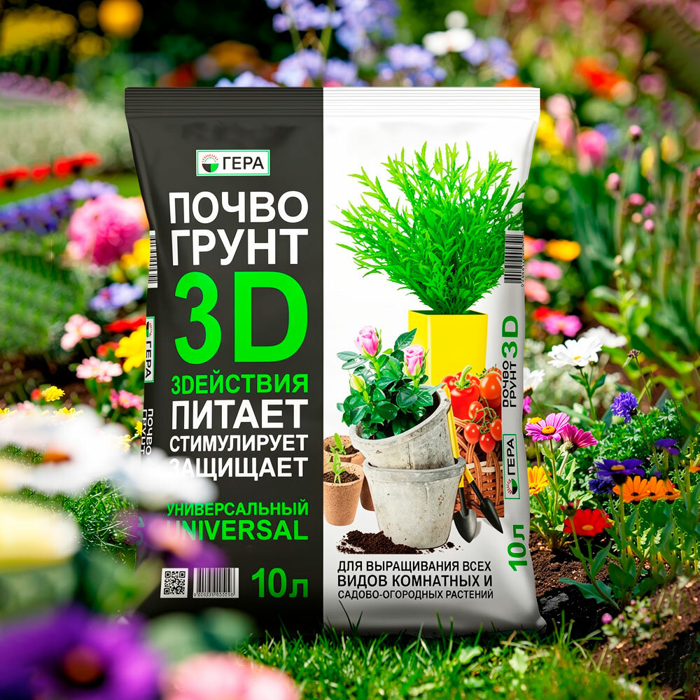 Почвогрунт «гера 3D+» универсальный, 10л, питает, стимулирует, защищает