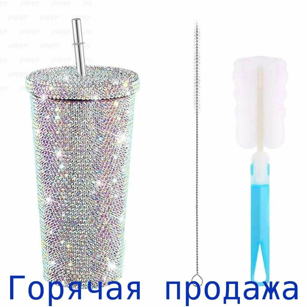 Блестящая термокружка со стразами двойная вакуумная бутылка с соломинкой, нержавеющая сталь 304