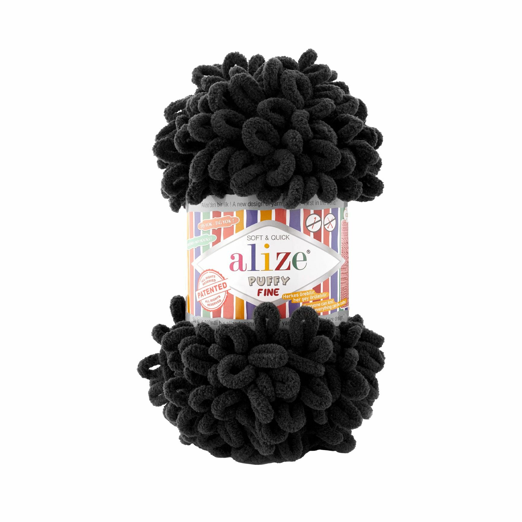 Пряжа для вязания Alize Puffy Fine 1 моток (14 м, 100 гр), цвет 1060 угольно-чёрный